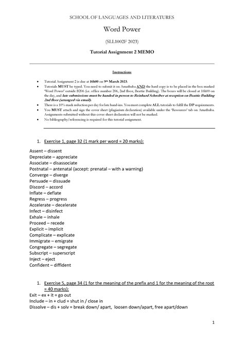 Tutorial Assignment 2 Memo 1 School Of Languages And Literatures Word Power Sll1002f 2023