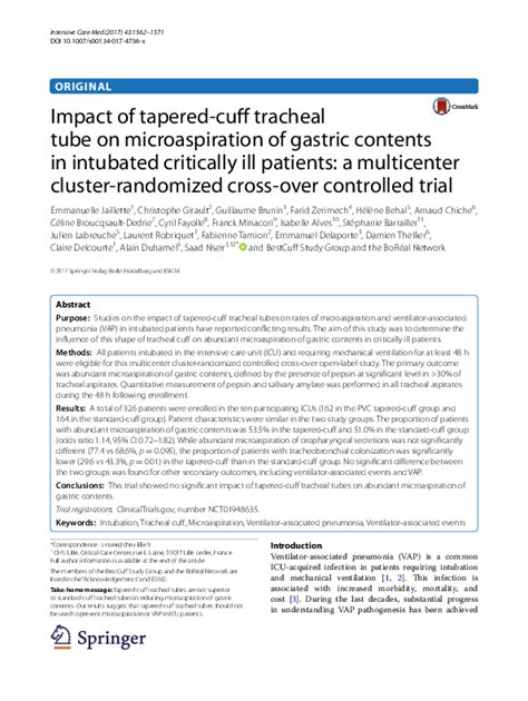 Pdf Impact Of Tapered Cuff Tracheal Tube On Microaspiration Of Gastric Contents In Intubated