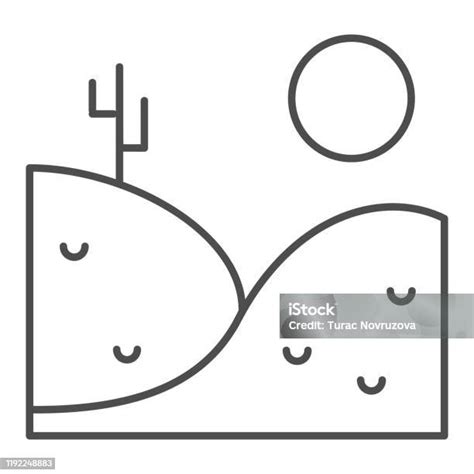 사막 풍경 얇은 라인 아이콘입니다 흰색에 격리 선인장 벡터 그림 풍경 힐스 Ans 태양 윤곽 스타일 디자인 웹 및 응용 프로그램을 위해 설계 Eps 10 0명에 대한 스톡