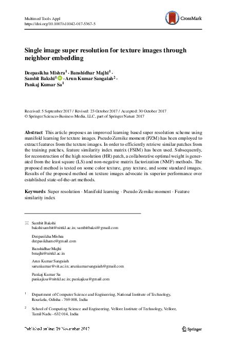 Pdf Single Image Super Resolution For Texture Images Through Neighbor Embedding Deepasikha