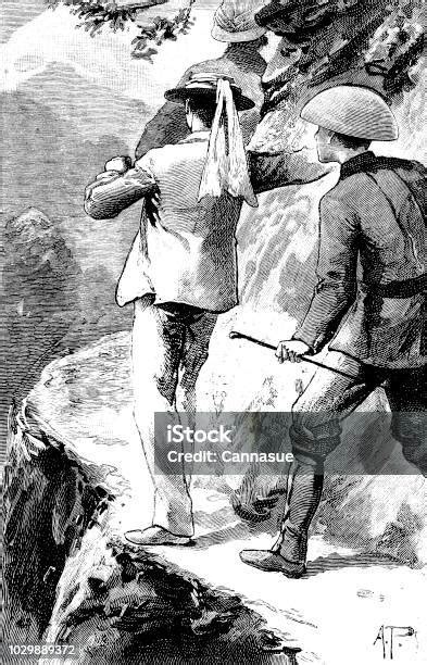 빅토리아 흑인과 백인 이야기 그림 매우 좁은 산 사이드 트랙을 따라 산책 하는 두 사람이 묘사한 영어 탐험가 모험 소년의 자신의 종이 1892 19세기에 대한 스톡 벡터