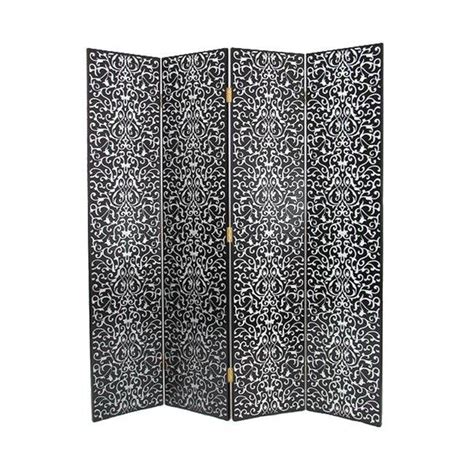 Wooden 4 Panel Room Divider With Scrolling Motifs Black And Silver