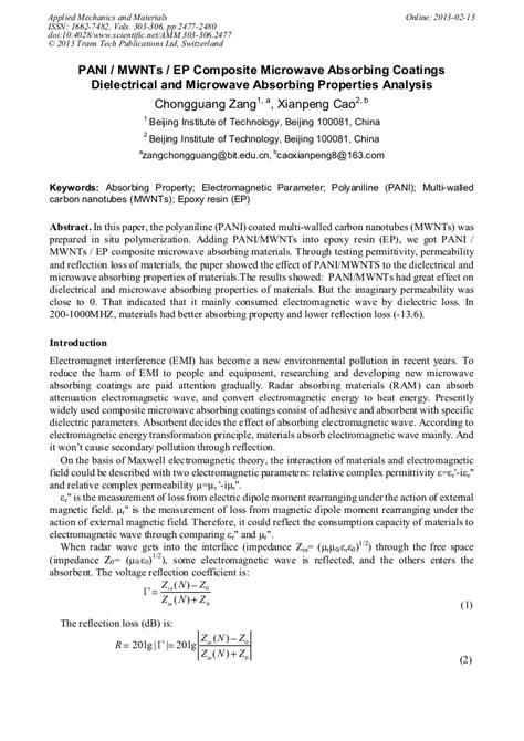 Pani Mwnts Ep Composite Microwave Absorbing Coatings Dielectrical And Microwave Absorbing