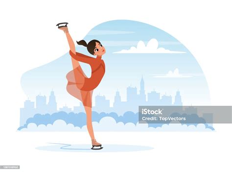 도시 경관 배경 장면 벡터 일러스트와 링크에 젊은 여자 아이스 스케이팅 겨울 스포츠에 대한 스톡 벡터 아트 및 기타 이미지