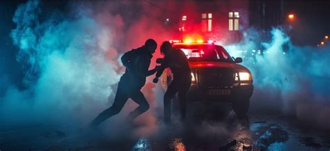 Dramatic Night Scene With Police Confrontation In Urban Alley Staged