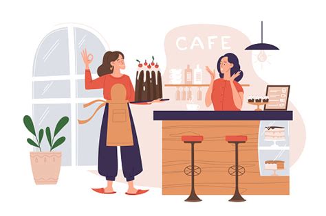 과자 장수 요리사 케이크 패스트리 소녀 과자 장수가 케이크를 시연합니다 바리 스타 소녀는 케이크에 감탄합니다 카페 바 카운터 주방 개념 가정 주방에 대한 스톡 벡터 아트 및