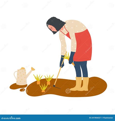 Boerenmeisje Dat Wortelen Oogst Met Landbouwgereedschap Vector Illustratie Illustration Of