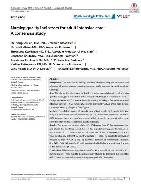 Pdf Nursing Quality Indicators For Adult Intensive Care A Consensus