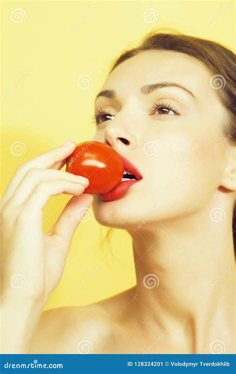 Pretty Girl With Red Tomato Stock Image Image Of Tomato Young 128324201