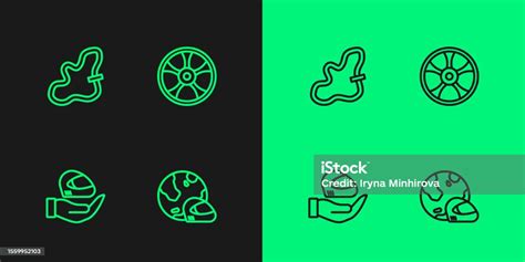 자동차 아이콘에 대한 라인 레이싱 헬멧 트랙 및 알로이 휠을 설정하십시오 벡터 거리에 대한 스톡 벡터 아트 및 기타 이미지