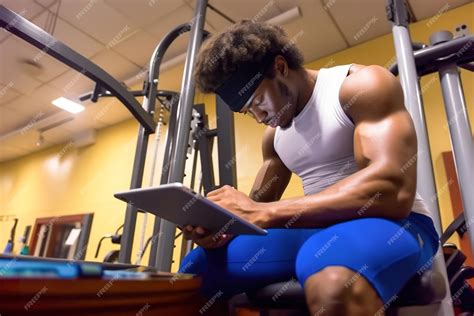 Premium Photo A Strong Man Programmer Working On A Laptop In A Gym