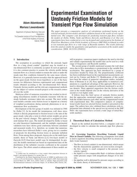Pdf Experimental Examination Of Unsteady Friction Models For