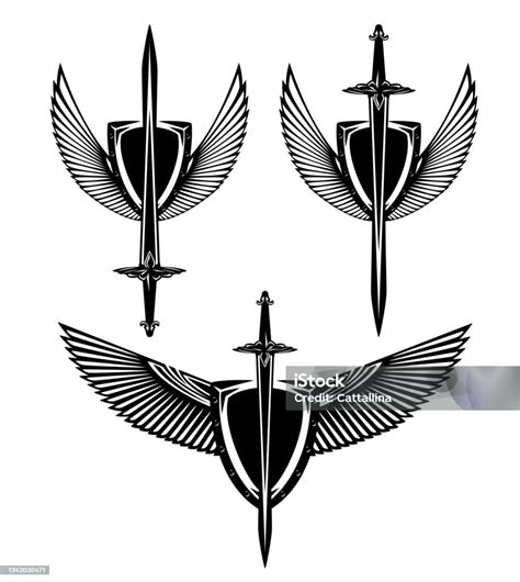 스프레드 이글 날개와 나이트 검 흑백 벡터 디자인 세트가 있는 전령 방패 검에 대한 스톡 벡터 아트 및 기타 이미지 검
