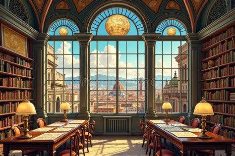 Elegant Library Reading Room With Majestic Cityscape View And Classical