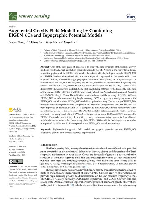 Pdf Augmented Gravity Field Modelling By Combining Eigen6c4 And Topographic Potential Models