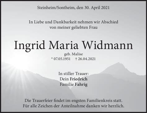 Traueranzeigen Von Ingrid Widmann Trauerhzde