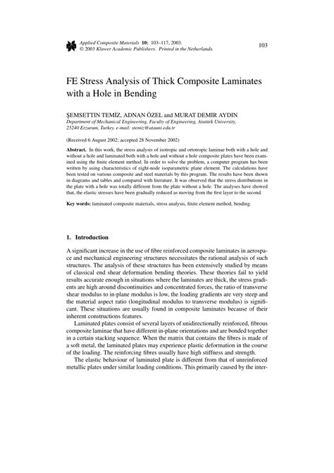 Pdf Fe Stress Analysis Of Thick Composite Laminates With A Hole In Bending