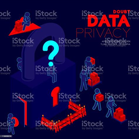Doubt Data Privacy Problem Concept Man Pictogram Question Mark Head Sitting Isometric Lock And