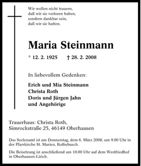 Traueranzeigen Von Maria Steinmann Trauer In Nrwde