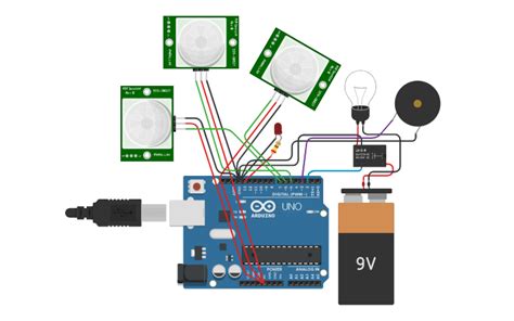 Circuit Design 7 4 3 Pir Led Relay Bulb Buzzer Tinkercad