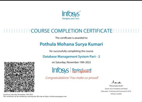 Mohana Surya Kumari Pothula On Linkedin Databasemanagement Infosysspringboard Coursecompletion