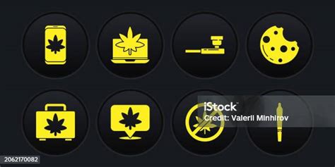 마리화나 쿠키 위치 및 대마초 중지 또는 잎 흡연 파이프 노트북 마리화나 조인트 및 모바일 아이콘의 쇼핑 상자를 설정합니다 벡터 건강 진단에 대한 스톡 벡터 아트 및 기타