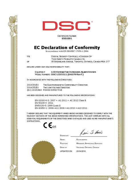 Declaration Of Conformity For The Dsc Lcd5511 Intrusion Alarm System Keypad Pdf