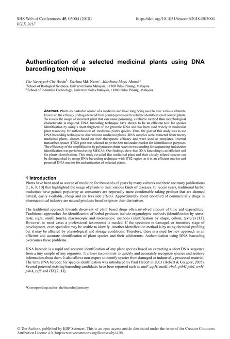 Pdf Authentication Of A Selected Medicinal Plants Using Dna Barcoding Technique