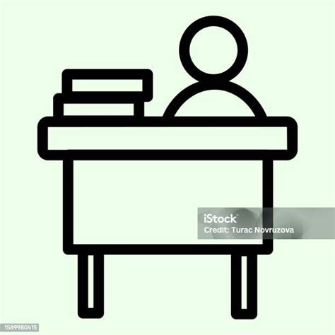 사무실 작업 공간 라인 아이콘입니다 책상에서 일하는 사업가는 흰색 배경에 책 개요 스타일 픽토그램을 가지고 있다 직장과 직업 표지판 모바일 개념 웹 디자인 벡터 그래픽