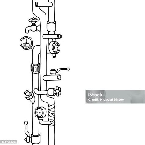 파이프 밸브 필터 압력 게이지 프레임 또는 테두리 낙서와 함께 수직 원활한 패턴 집내 급수 시스템 관 튜브에 대한 스톡 벡터 아트 및 기타 이미지 Istock