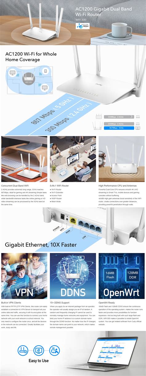 Cudy Wr1300 Ac1200 Dual Band Wi Fi Router 867mbps At 5ghz And 300mbps At 2 4ghz 5x Gigabit