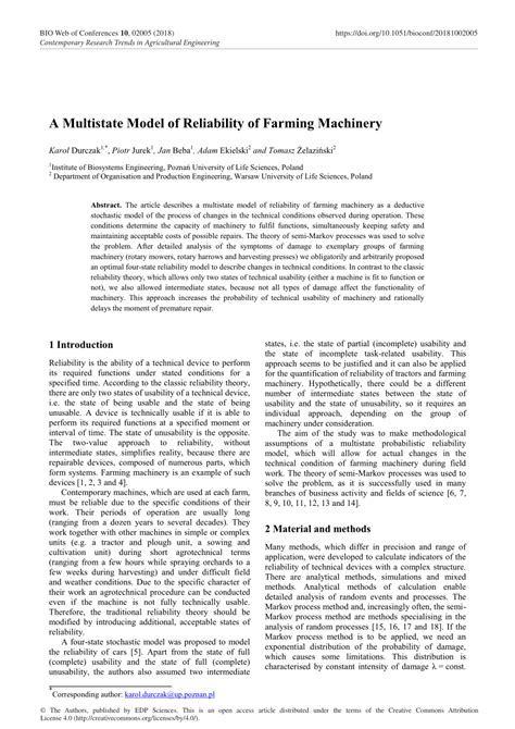 Pdf A Multistate Model Of Reliability Of Farming Machinery