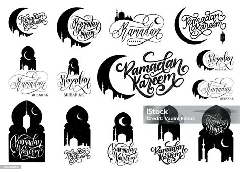라마단 카림 손 레터링 세트 모스크 아치 및 초승달의 벡터 삽화 인사말 카드 초대장 포스터에 사용 0명에 대한 스톡 벡터 아트 및 기타 이미지 Istock