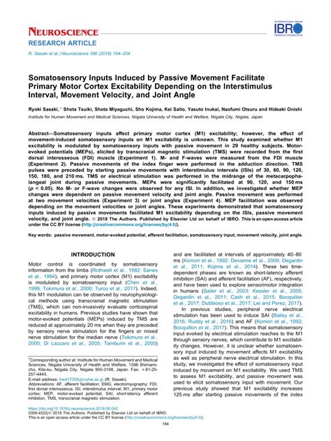 Pdf Somatosensory Inputs Induced By Passive Movement Facilitate Primary Motor Cortex