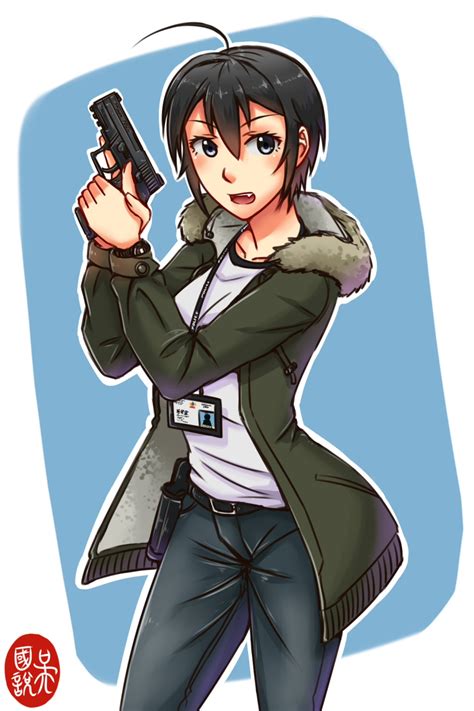 Safebooru 1girl Ahoge Black Hair Blue Eyes Denim Fang Fur Trim Gun