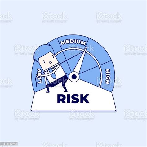 사업가는 비즈니스 또는 삶의 위험을 관리합니다 속도계의 위험은 높고 중간 낮습니다 만화 캐릭터 얇은 선 스타일 벡터 개념에 대한 스톡 벡터 아트 및 기타 이미지 Istock