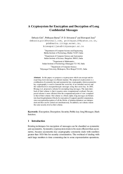 Pdf A Cryptosystem For Encryption And Decryption Of Long Confidential