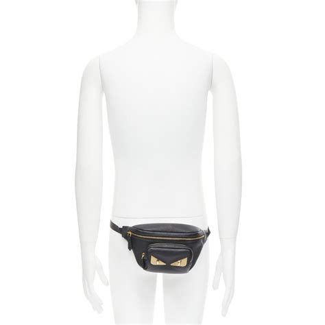 New Fendi Monster Eye Black Leather Gold Eye Plate Crossbody Small Belt