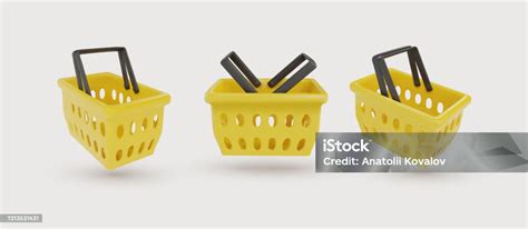 현실적인 플라스틱 장바구니 세트 빈 장바구니 노란색 접이식 손잡이 2개가 있는 바구니 벡터 그림입니다 흰색 배경에 격리 0명에 대한 스톡 벡터 아트 및 기타 이미지 Istock