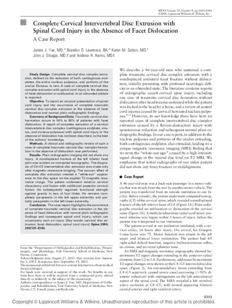 Pdf Complete Cervical Intervertebral Disc Extrusion With Spinal Cord