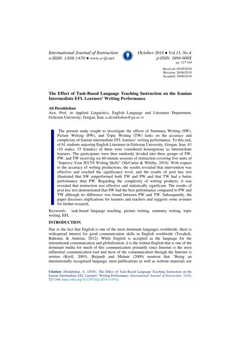 Pdf The Effect Of Task Based Language Teaching Instruction On The Iranian Intermediate Efl