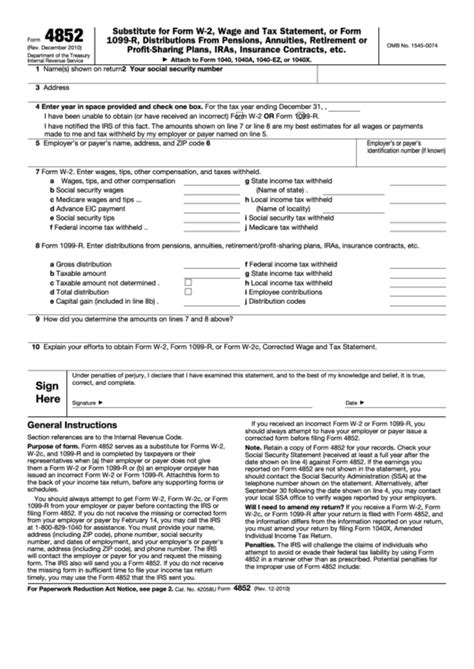Fillable Form 4852 Substitute For Form W 2 Wage And Tax Statement