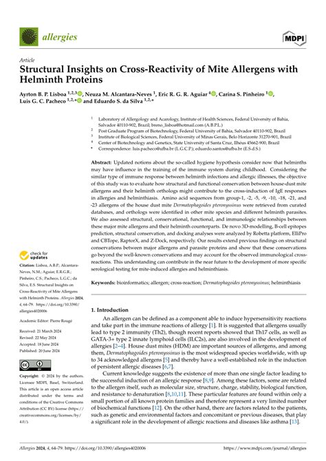 Pdf Structural Insights On Cross Reactivity Of Mite Allergens With Helminth Proteins