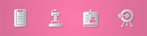 체크리스트 무대 스탠드 또는 트리뷴 식별 배지 및 대상 화살표 아이콘이 있는 종이 자르기 클립보드를 설정합니다 페이퍼 아트 스타일 벡터 3차원 형태에 대한 스톡 벡터 아트