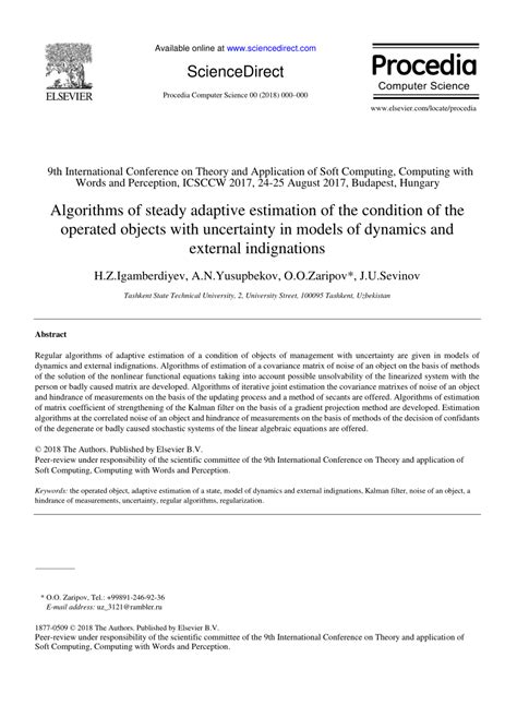 Pdf Algorithms Of Steady Adaptive Estimation Of The Condition Of The Operated Objects With