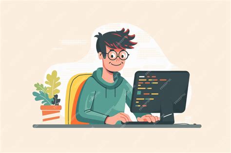 Young Male Programmer Working Computer Coding Screen Indoor Plant Premium Ai Generated Image