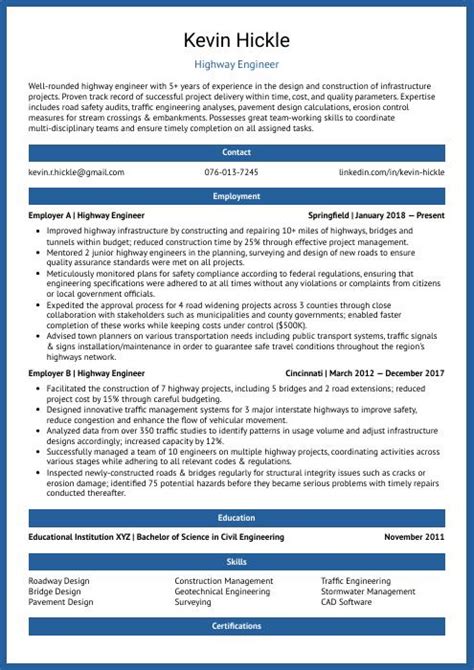 Highway Engineer Resume Cv Example And Writing Guide