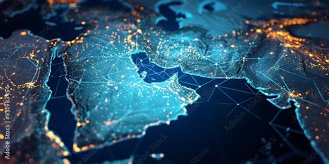 Digital Map Of The Middle East Highlighting Global Network Connections And Data Flow Between