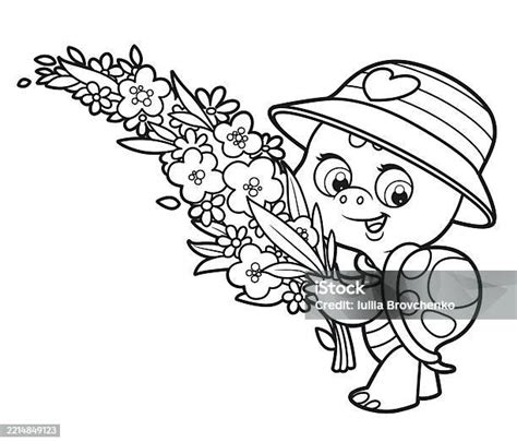 파나마 모자를 쓴 귀여운 만화 거북이는 흰색 배경에 페이지를 색칠하기 위해 윤곽이 잡힌 큰 꽃다발을 들고 있습니다 거북이에 대한 스톡 벡터 아트 및 기타 이미지 Istock