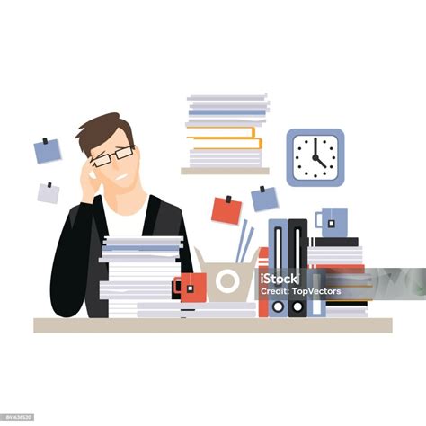 작업 문서 사무실 직원 벡터 일러스트 레이 션의 일상 생활의 많은 책상에 앉아 젊은 피로 사업가 문자 개념에 대한 스톡 벡터 아트 및 기타 이미지 Istock